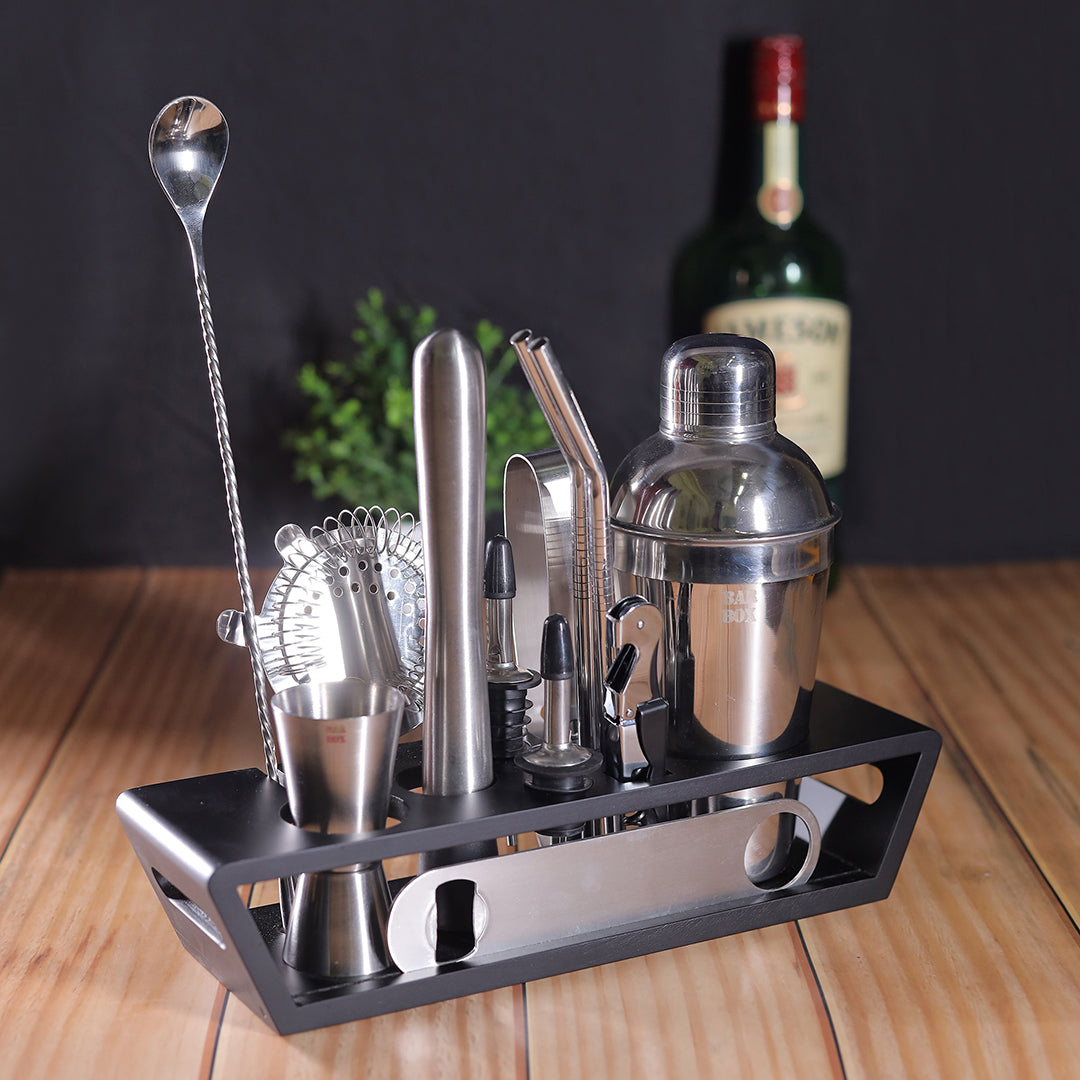 14-Piece Bar Set with Stylish Wooden Display Stand (Stainless Steel Bl ...