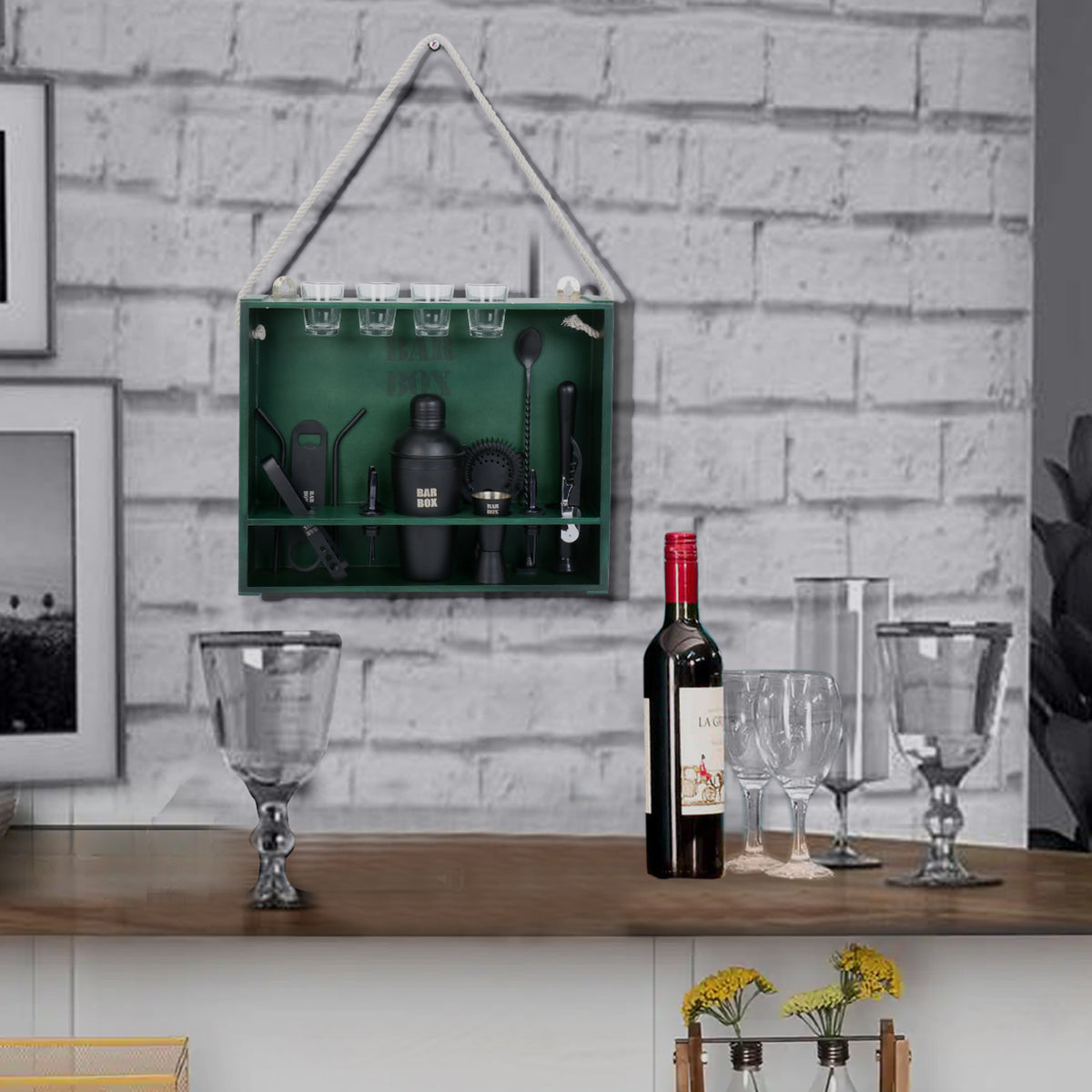 Home Bar Kit with Military Green Wall-mount Stand (19-Pcs) (Black Matt ...